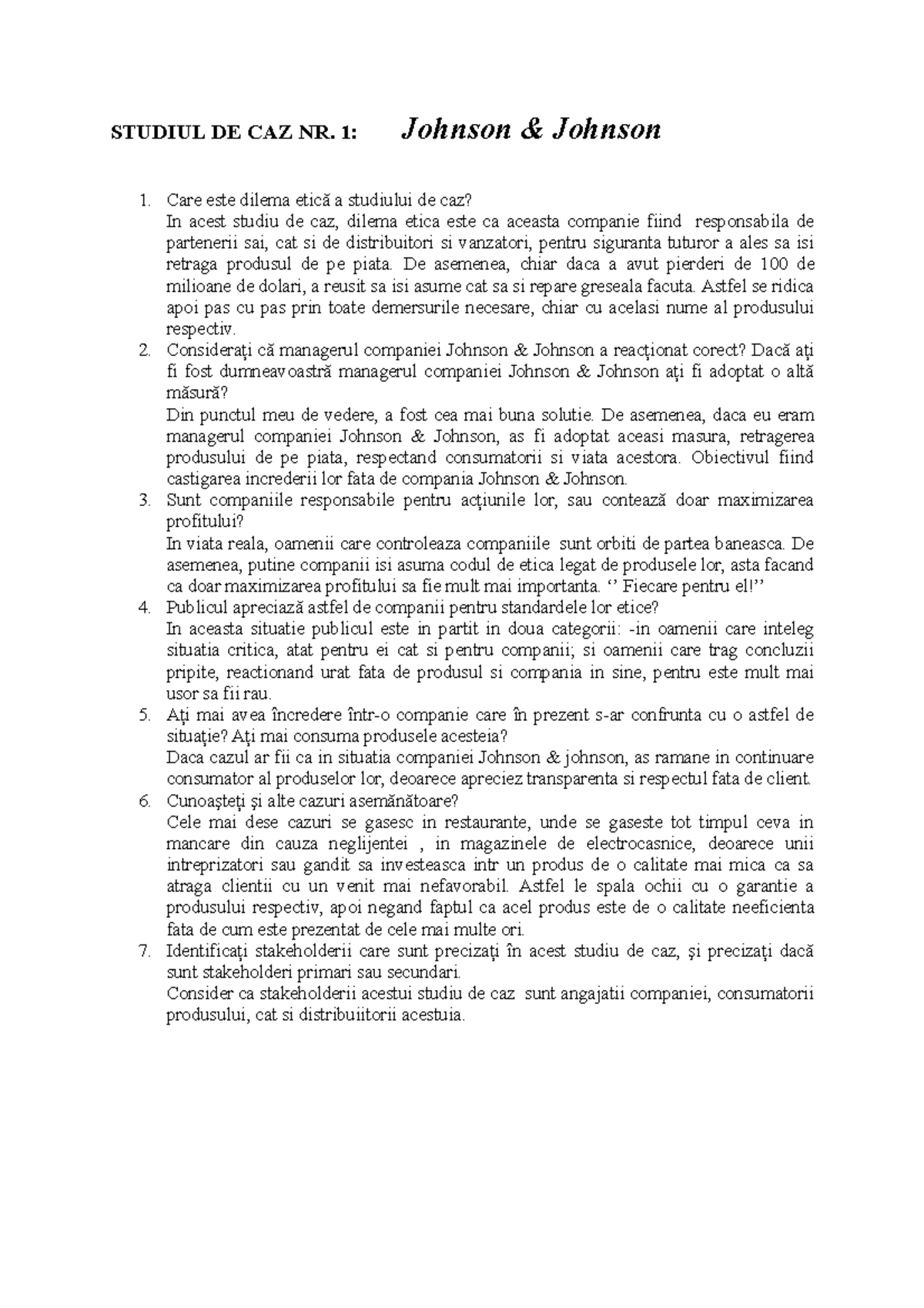 Studiul de caz Nr. 1: Dileme Etice la Johnson & Johnson - Studocu
