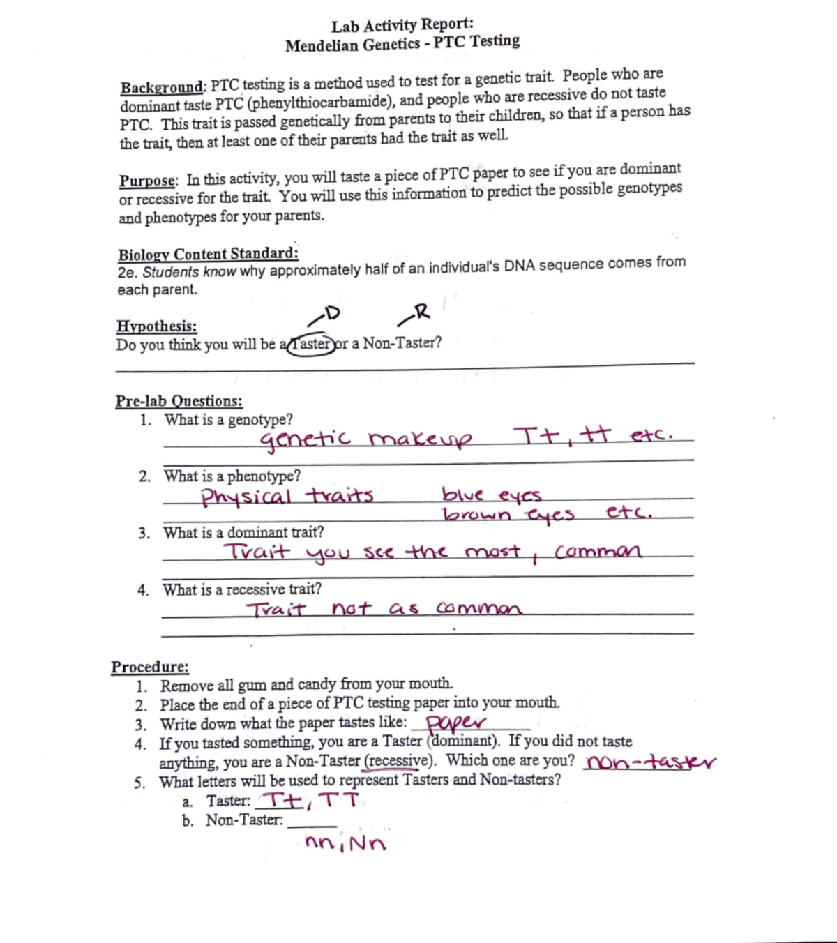 Mendelian Genetics: PTC Testing Lab Activity Report 2023 - Studocu