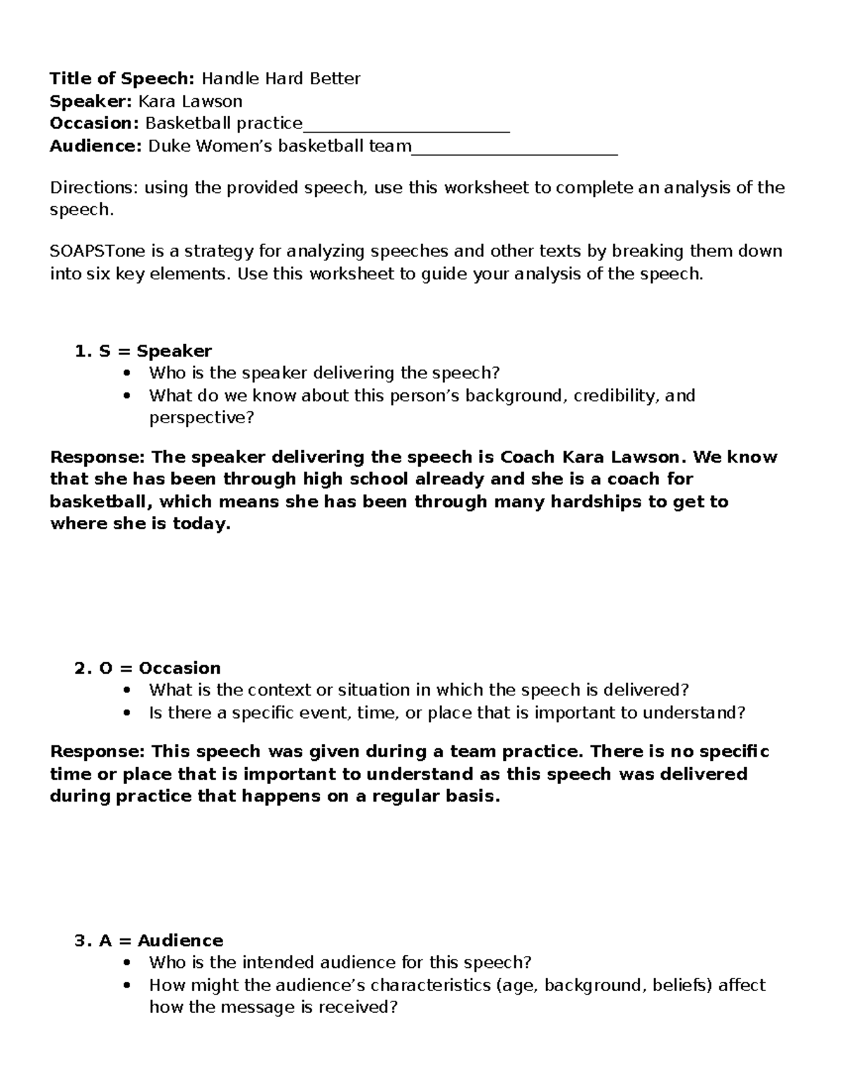 SOAPSTone Analysis Worksheet for Kara Lawson's Speech - Studocu