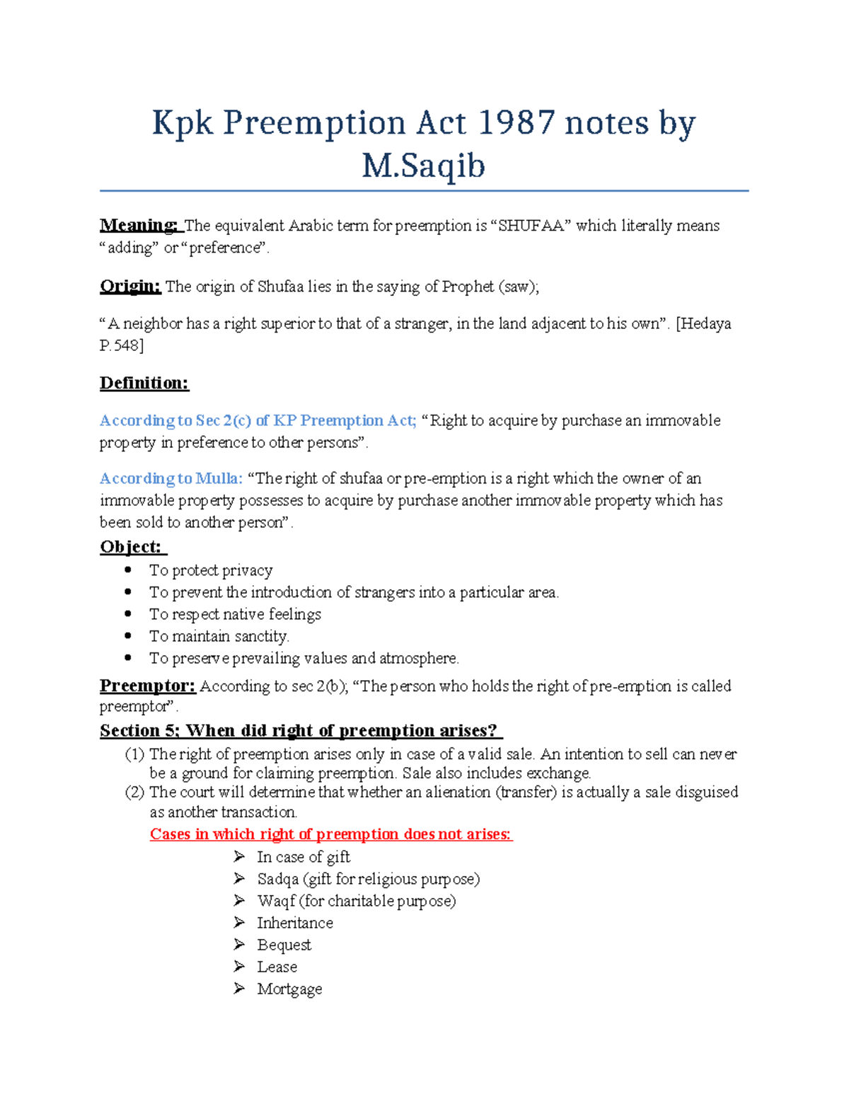 KPK Preemption Act 1987 Notes - M. Saqib Khan - Studocu