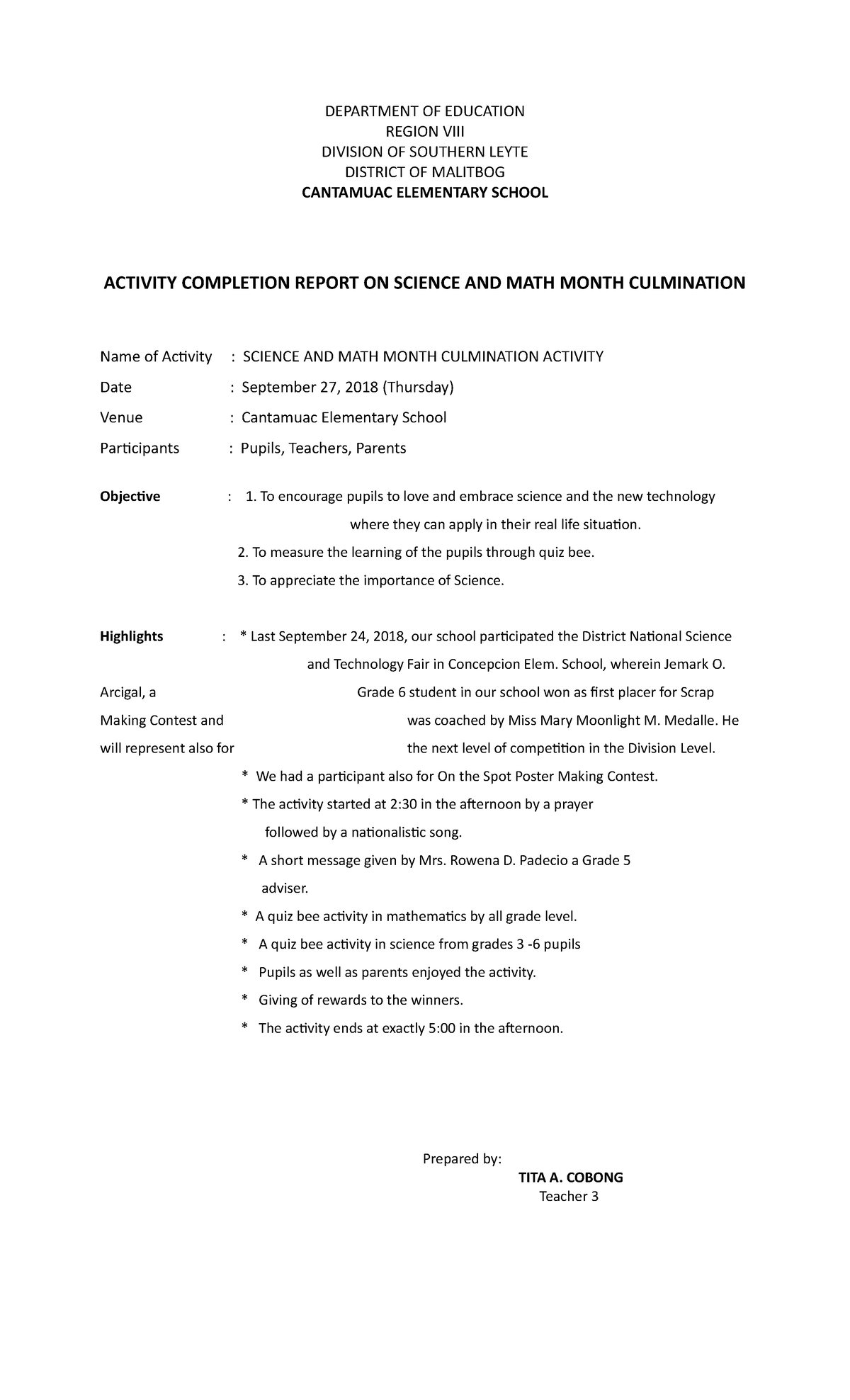 ACR: Science and Math Month Culmination Activity Report - Studocu