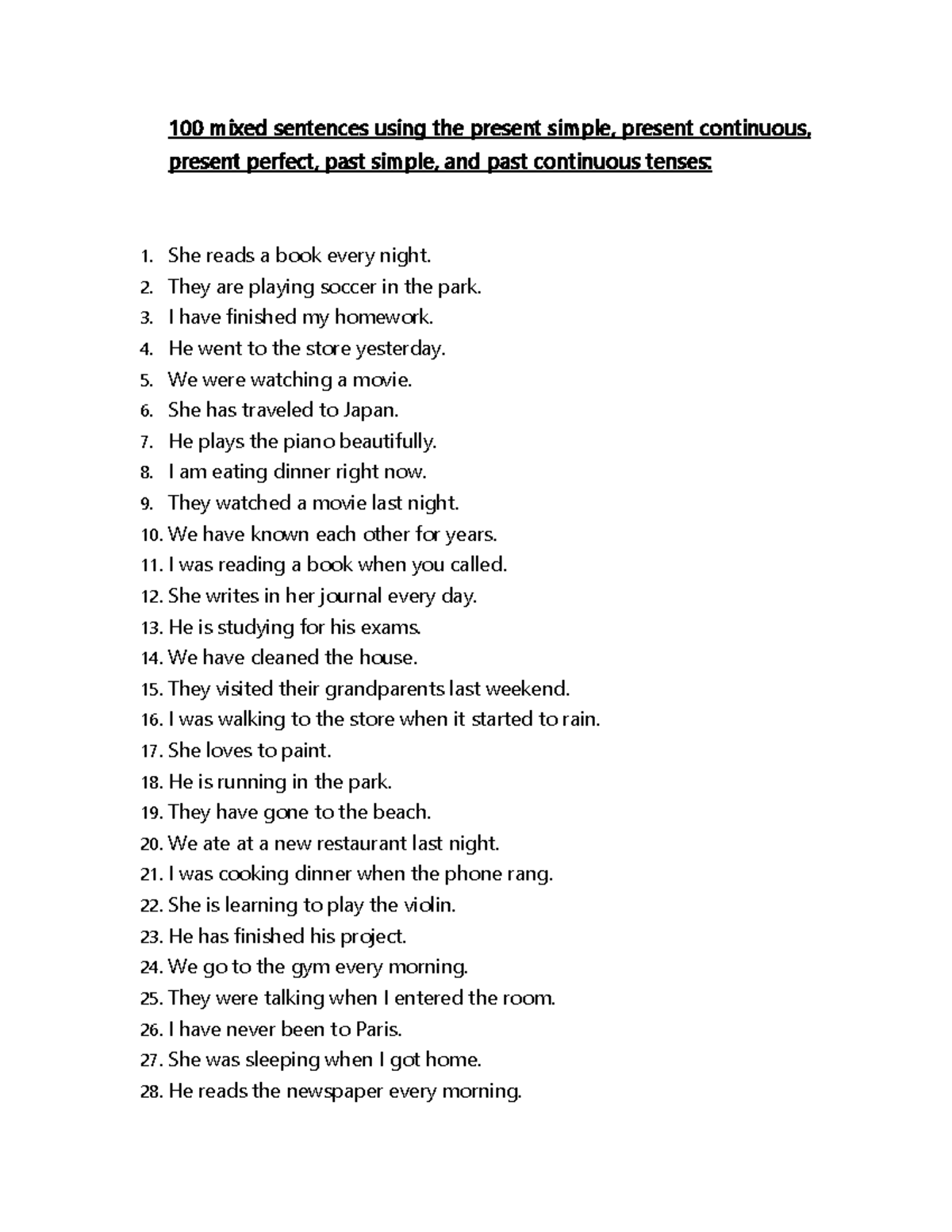 100 mix sentences - 100 mixed sentences using the present simple ...