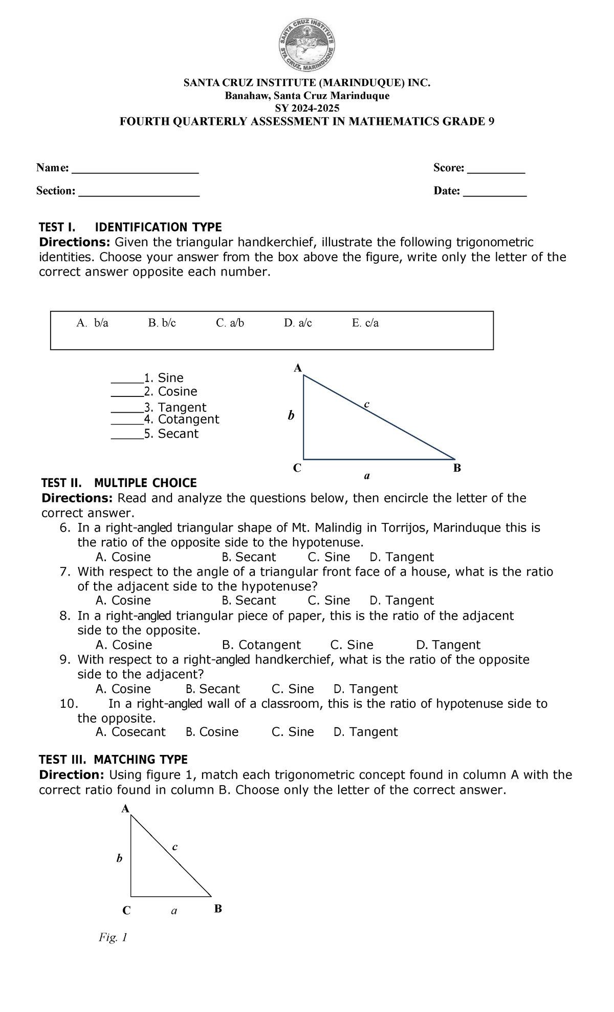 Math 9 4th Quarter Exam - math9 exam - SANTA CRUZ INSTITUTE (MARINDUQUE ...