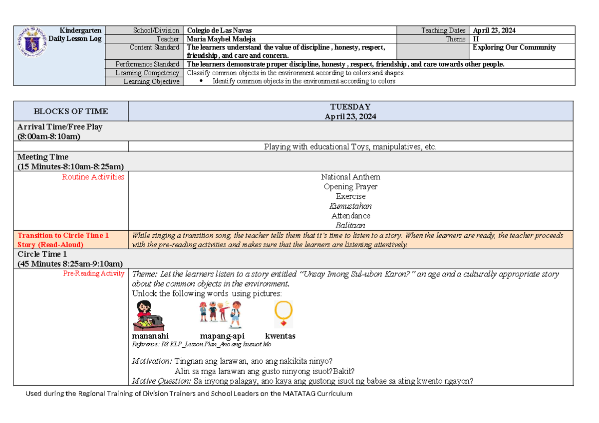 Kindergarten-Lesson-Plan-Ma Ta Ta G-Curriculum 2-2 - Kindergarten Daily ...