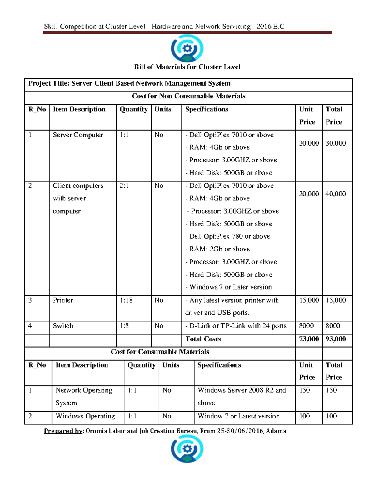 Bill of Materials for Server-Client Network Management System 2016 E.C ...