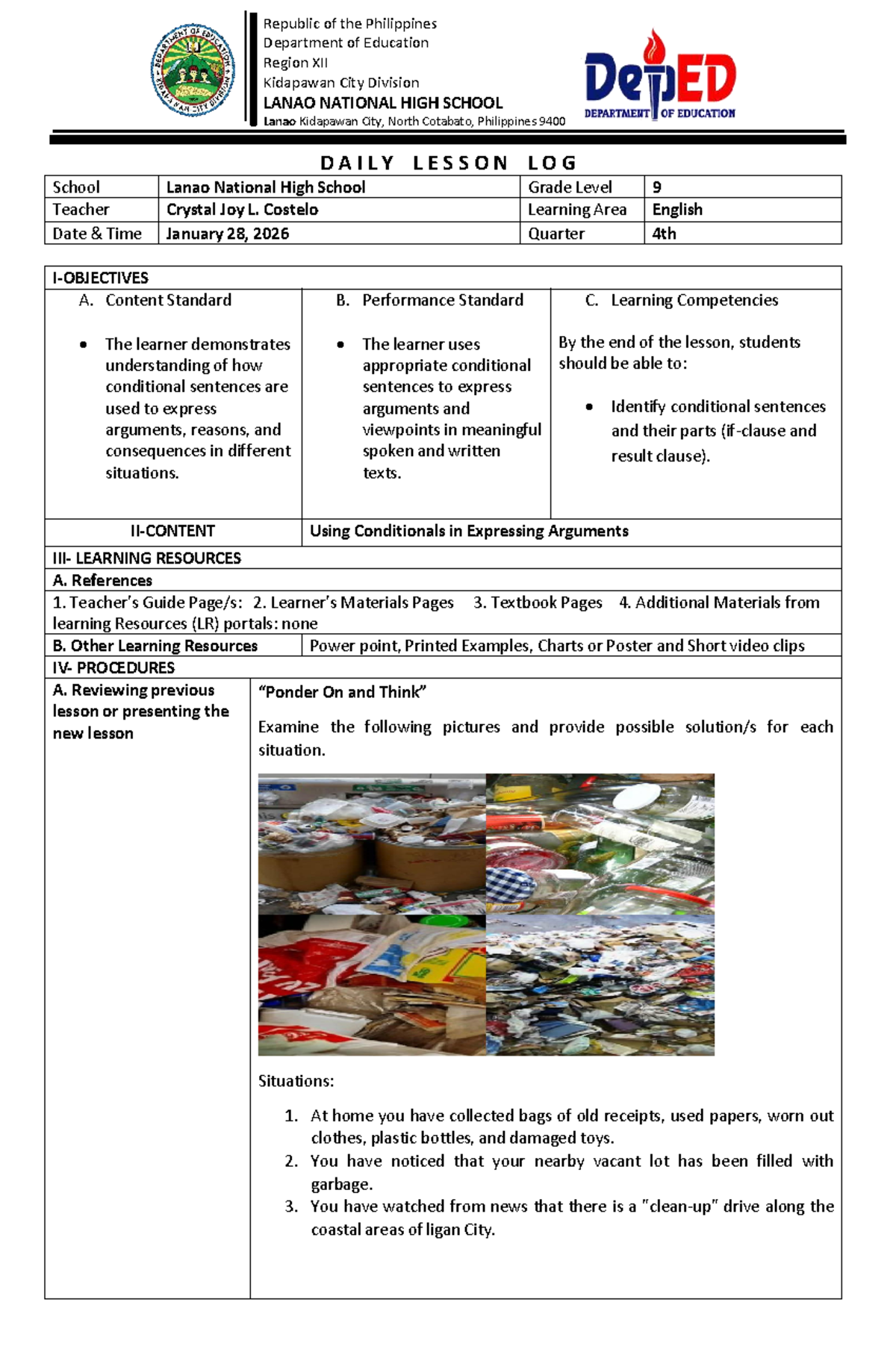 Conditional Sentences Lesson Plan (Grade 9 English) - Studocu