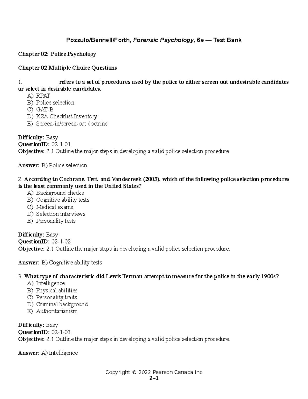 Chapter 2 Police Psychology Test Bank - Psych 2032 - Studocu