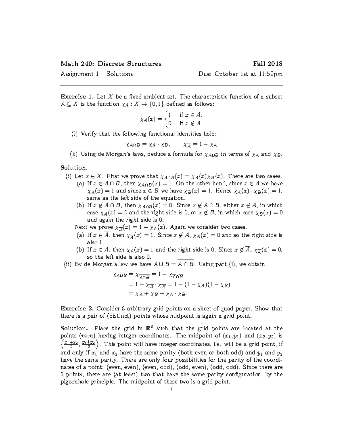 Math 240-A1: Discrete Structures Assignment 1 Solutions - Studocu