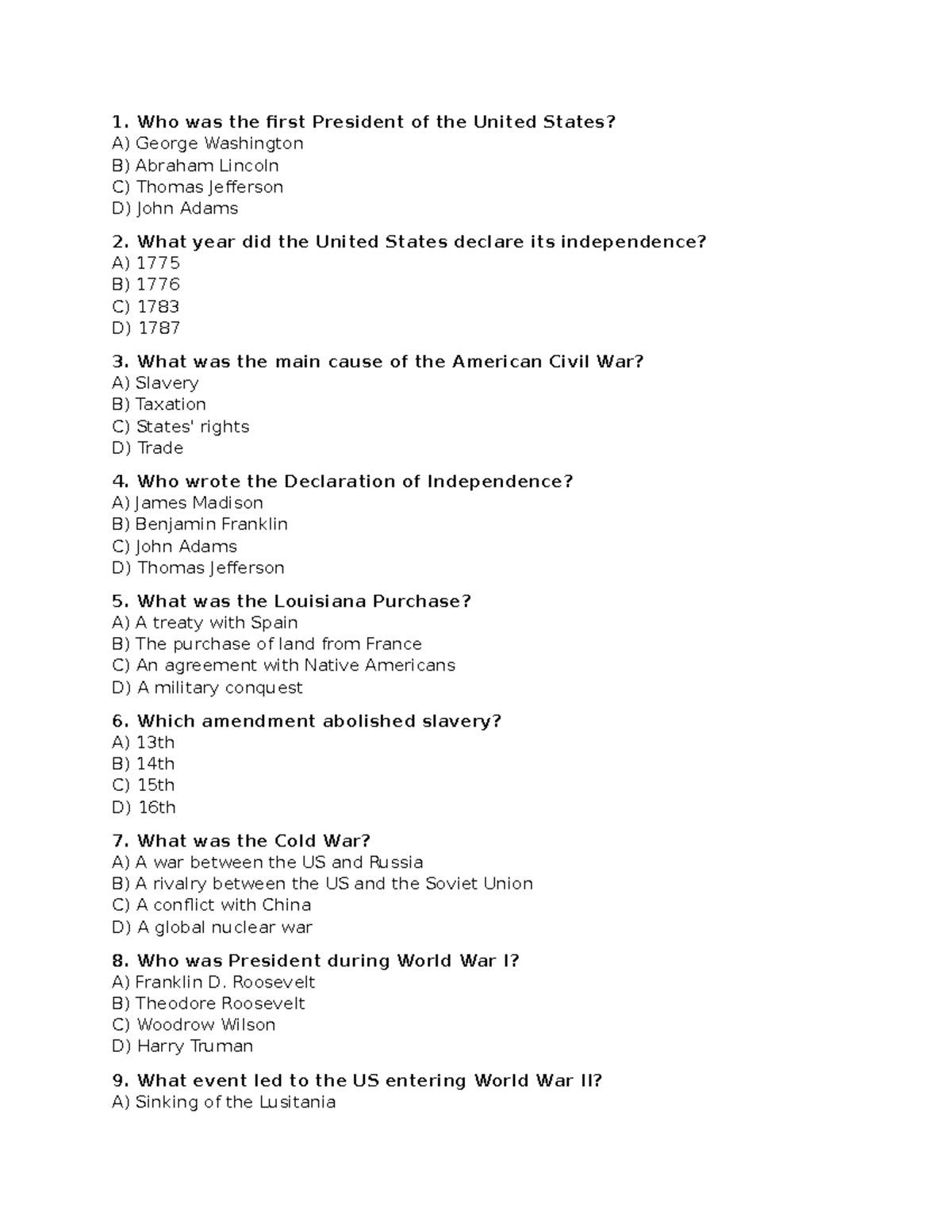 America history quiz - Practice quiz before midterm - Who was the first ...