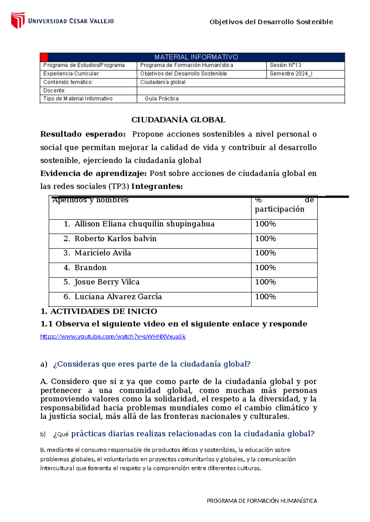 Guía Práctica N° 13: Ciudadanía Global y ODS 2024-1 - Studocu