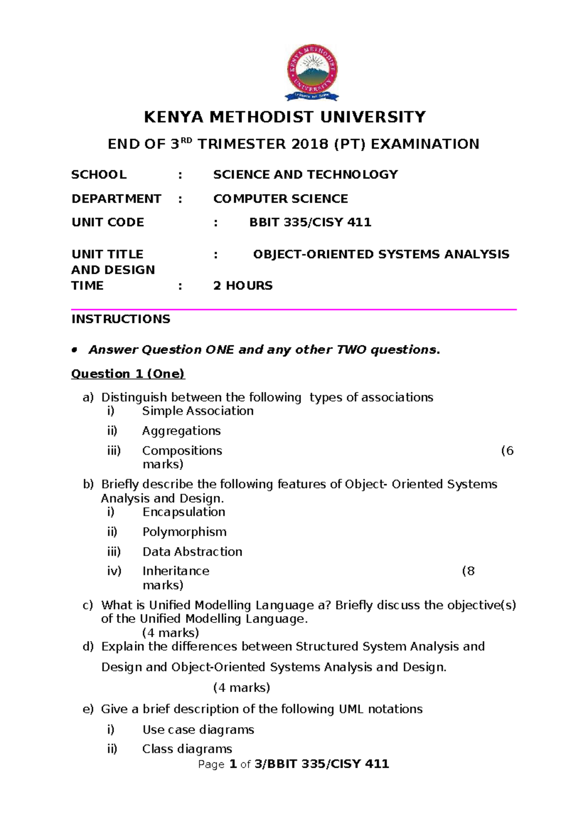 BBIT 411: Object-Oriented Systems Analysis & Design Exam Notes - Studocu