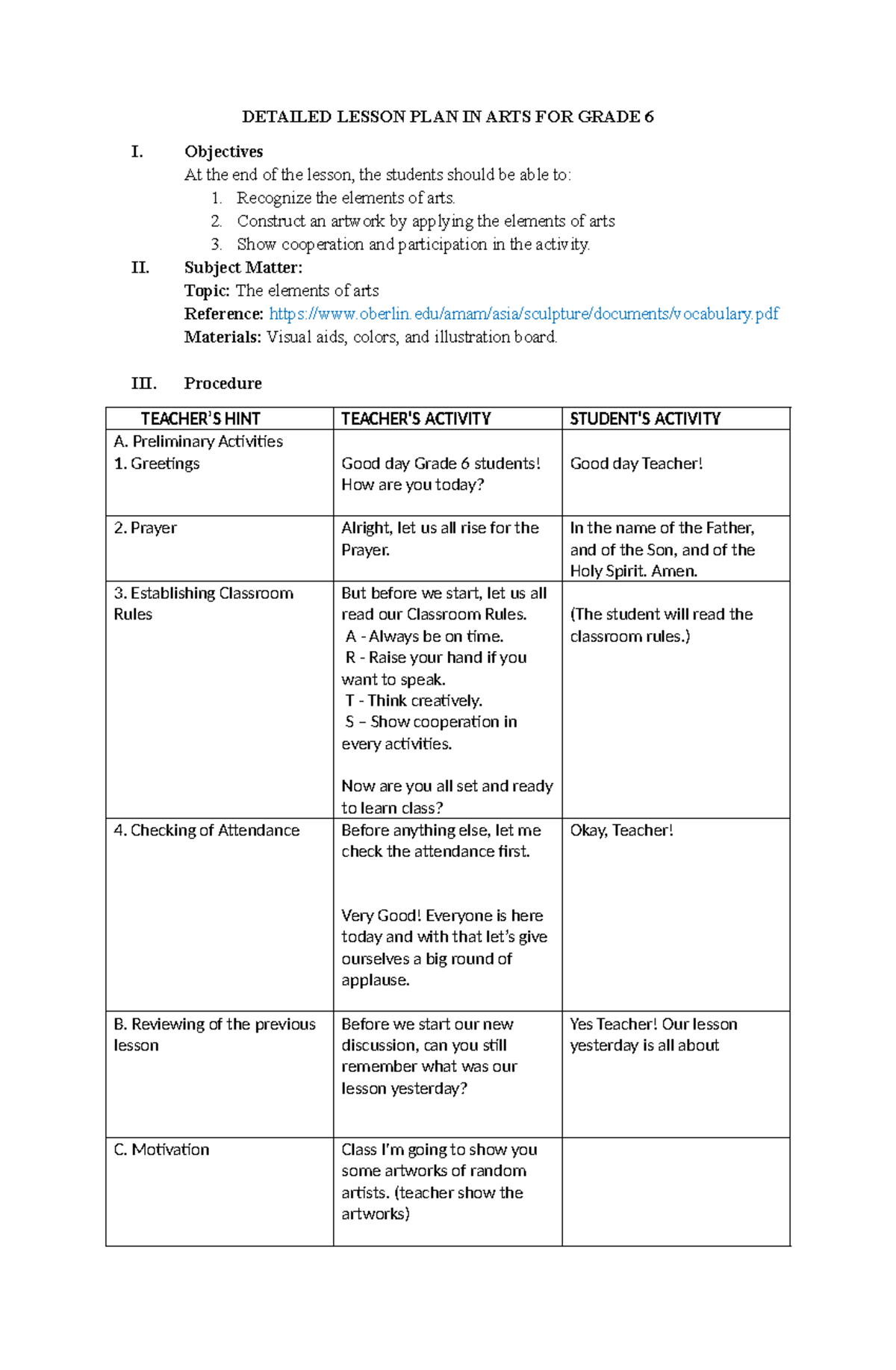 Grade 6 Arts Lesson Plan: Elements of Art and Student Engagement - Studocu