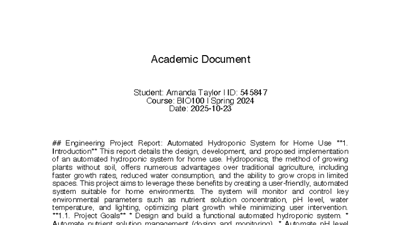 BIO100 Spring 2024: Engineering Project Report on Automated Hydroponic ...