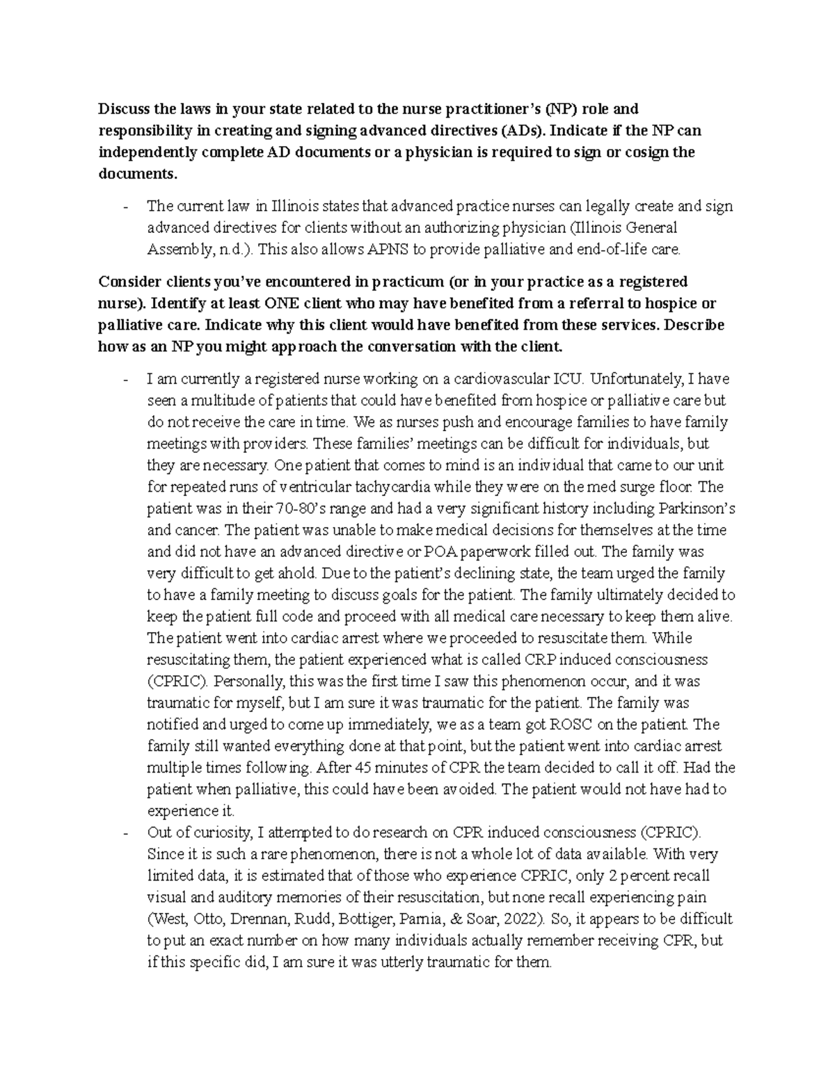 601 - Week 7 Discussion: NP Role in Advanced Directives & Palliative ...