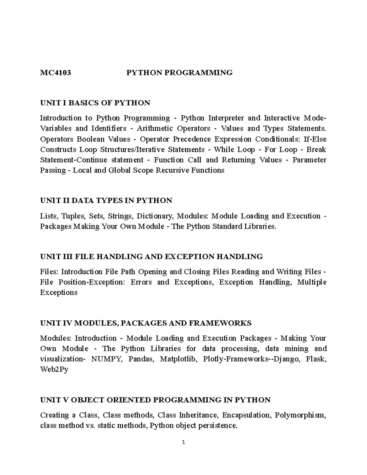 MC4103 PYTHON PROGRAMMING UNIT I: BASICS AND DATA TYPES - Studocu