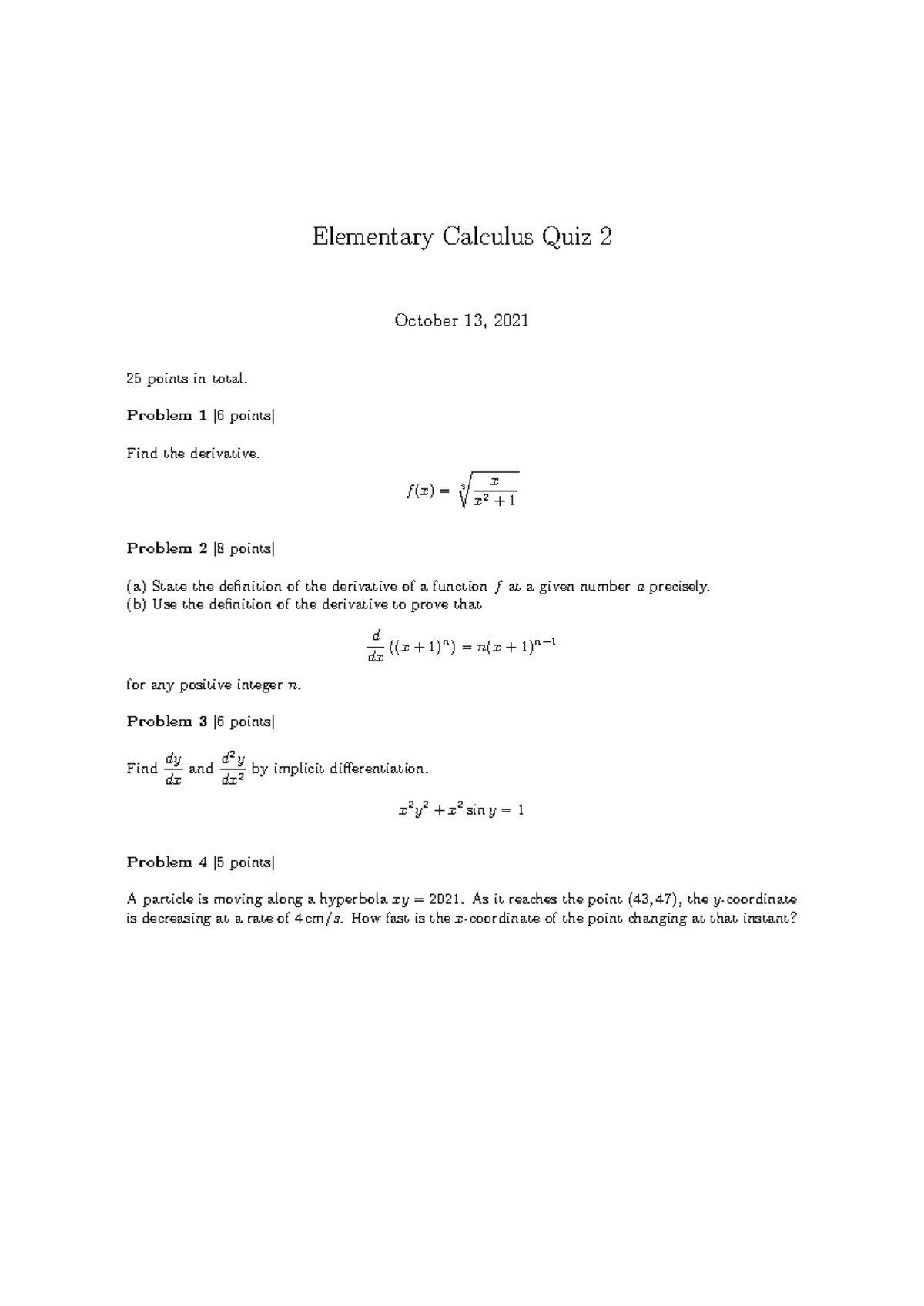 Elementary Calculus Quiz 2 - Solutions and Concepts Review - Studocu