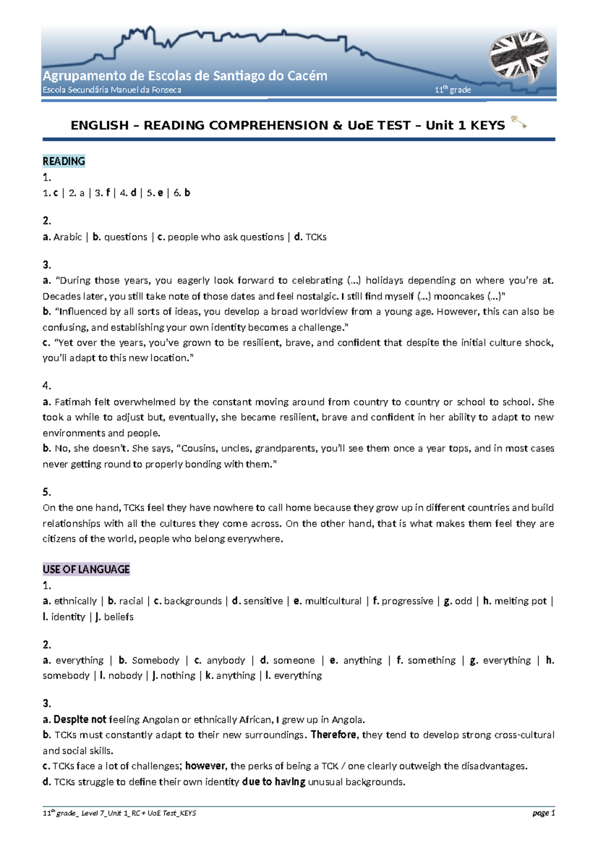 11th Grade English Reading Comprehension UoE Test Unit 1 Keys - Studocu
