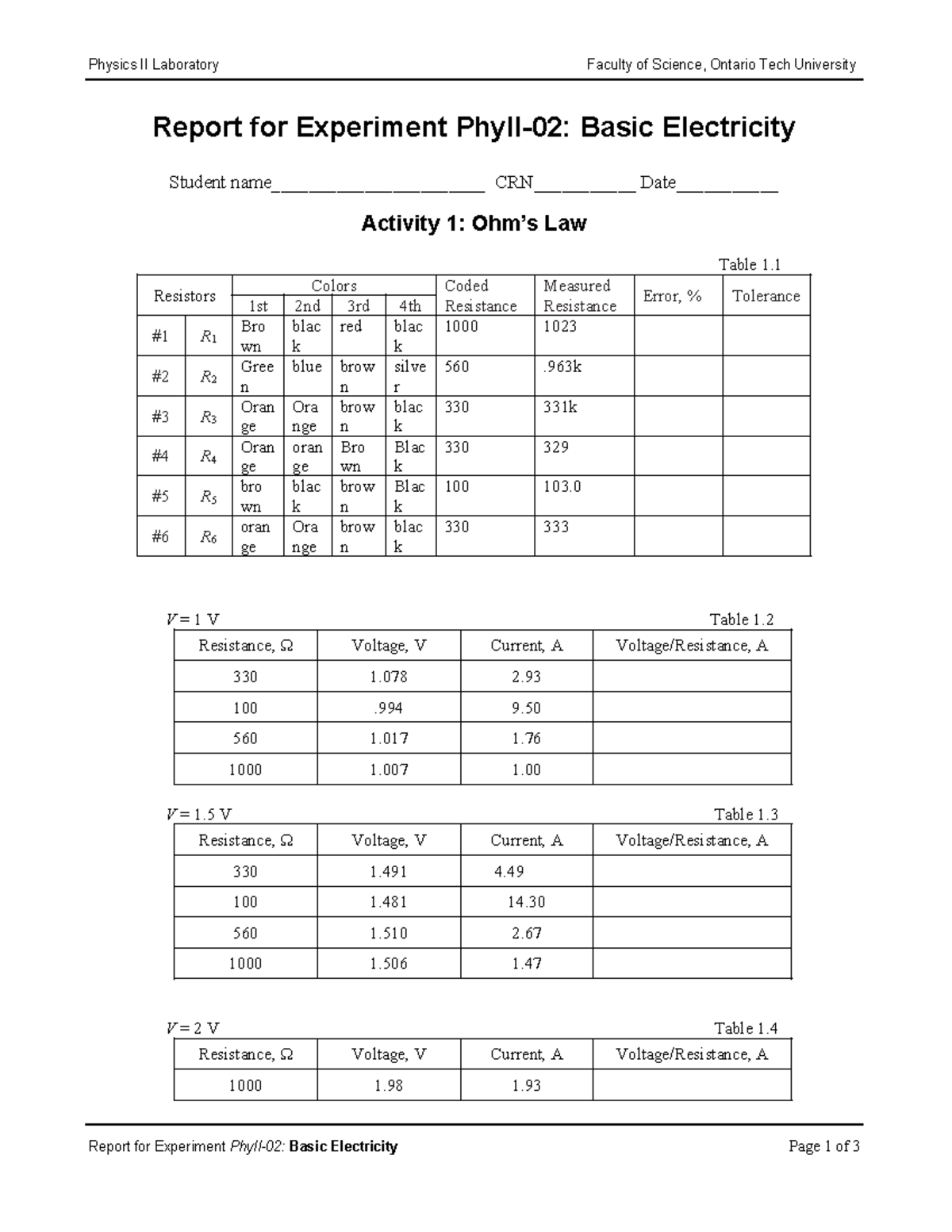 Physics II Lab Report: Basic Electricity Experiment at Ontario Tech - Studocu