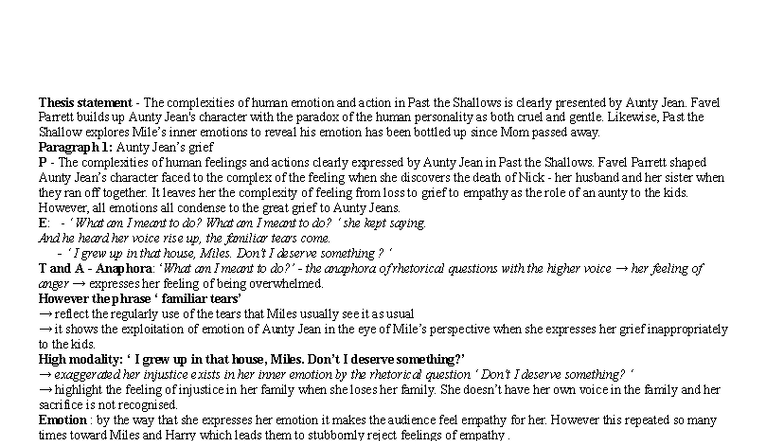 EALD Assessment Task 1: Analyzing Grief in "Past the Shallows" - Studocu