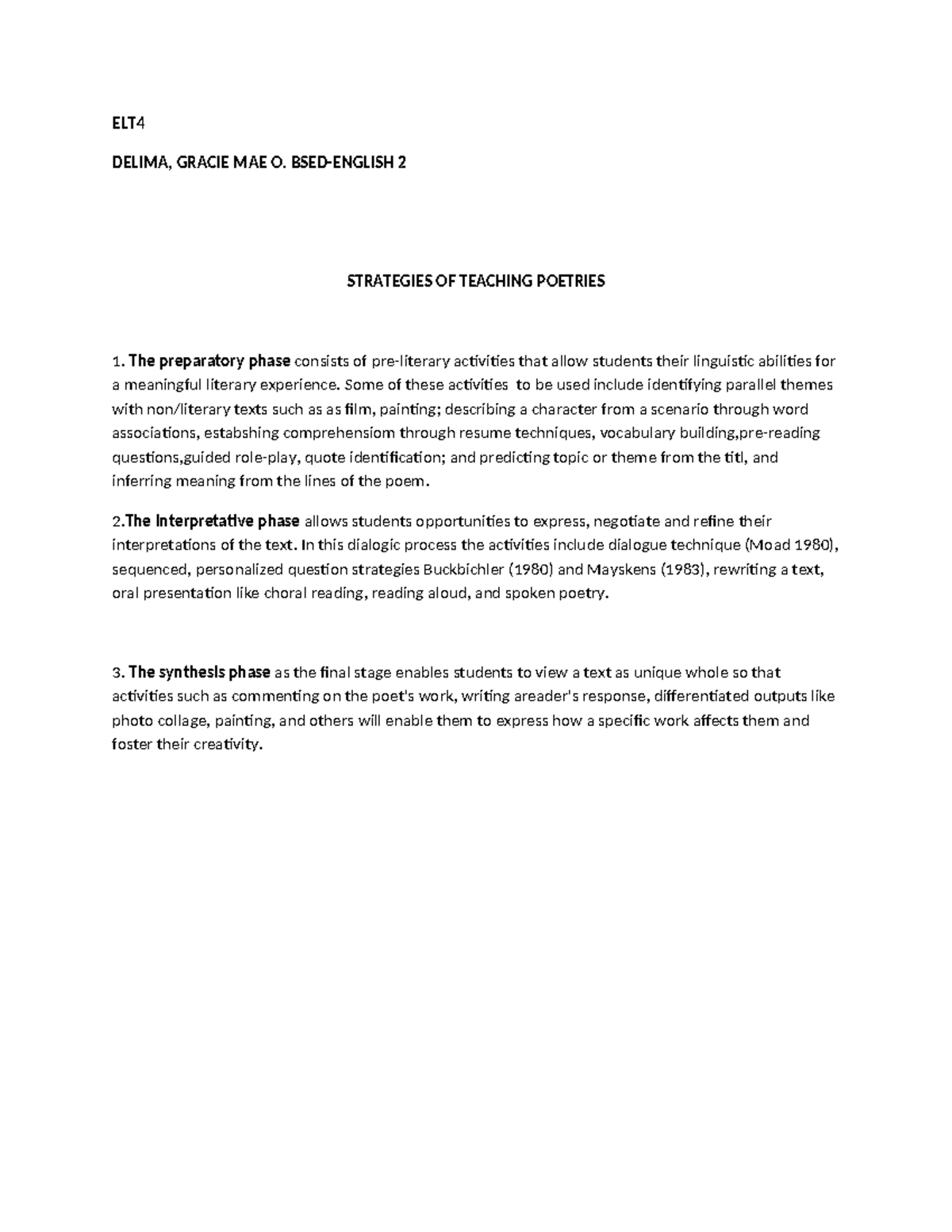 BSED-ENGLISH 2: Strategies for Teaching Poetry Techniques - Studocu