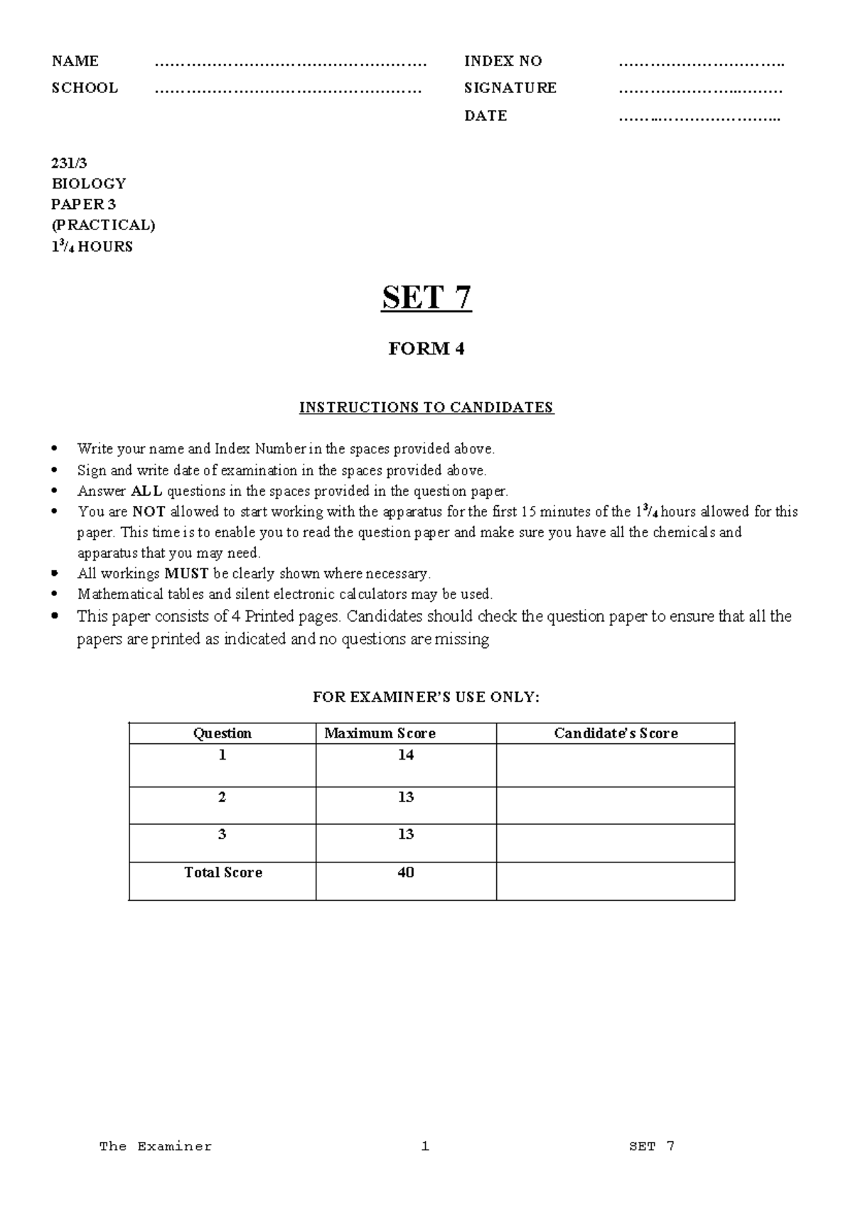 BIOLOGY PAPER 3 (PRACTICAL) SET 7 - FORM 4 EXAMINATION - Studocu