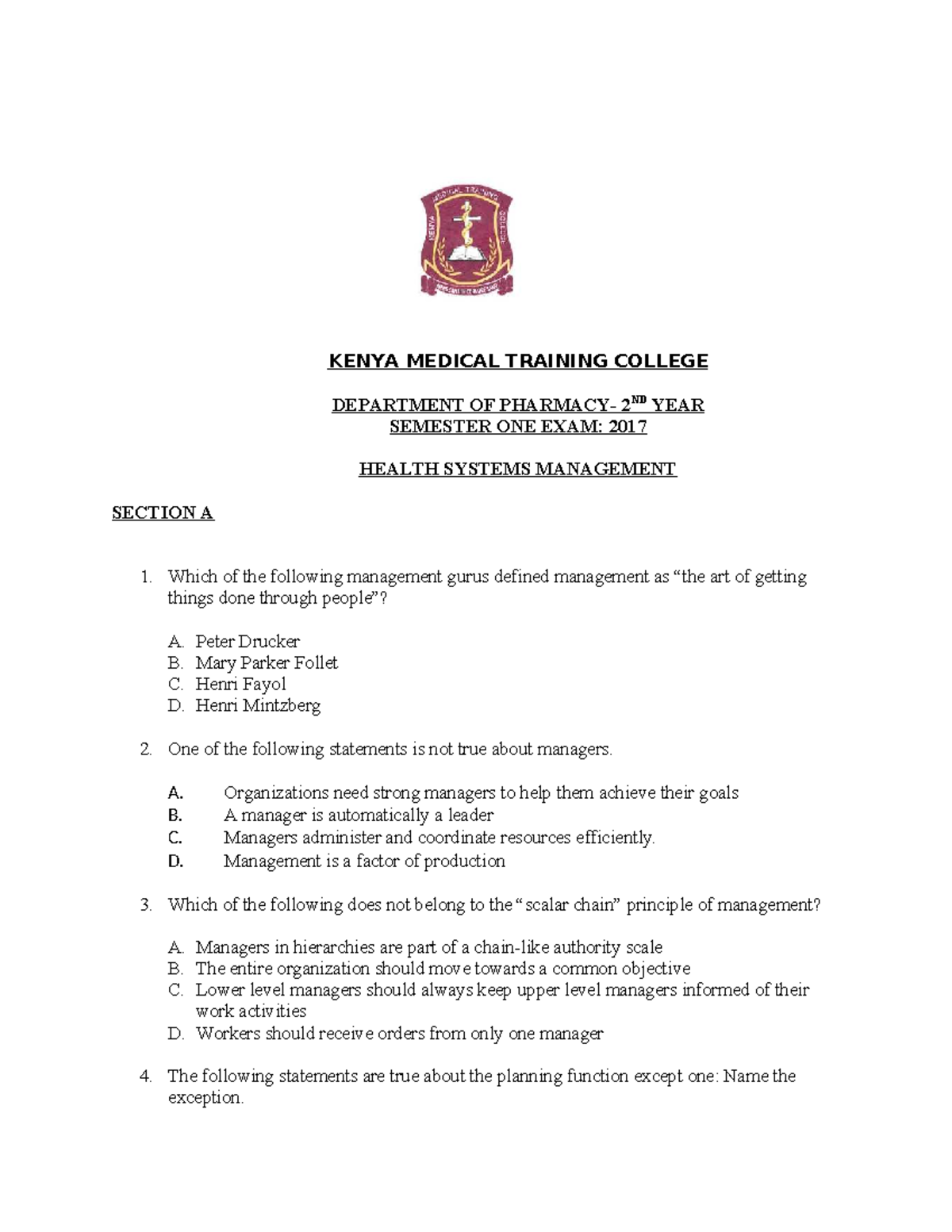 HSM 2.1: 2nd Year Semester One Exam on Health Systems Management 2017 ...