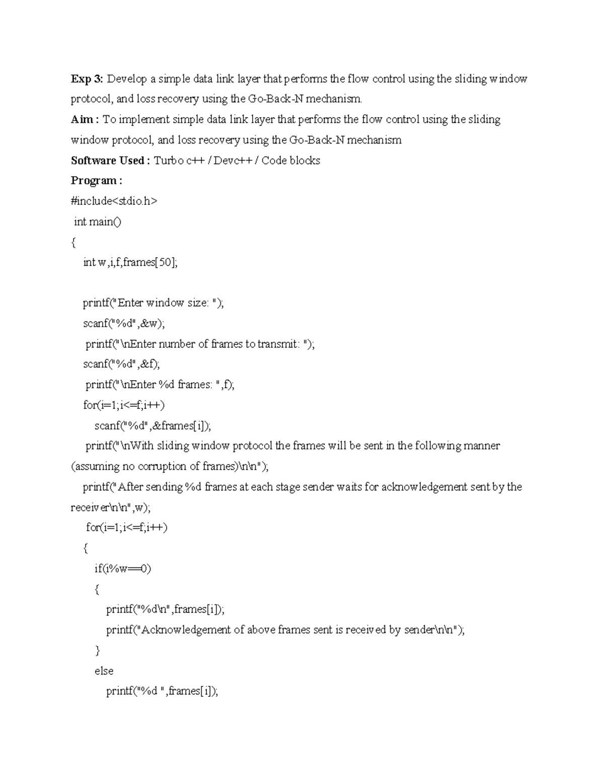 CN Lab Exp 3 - Data Link Layer Implementation with Go-Back-N - Studocu