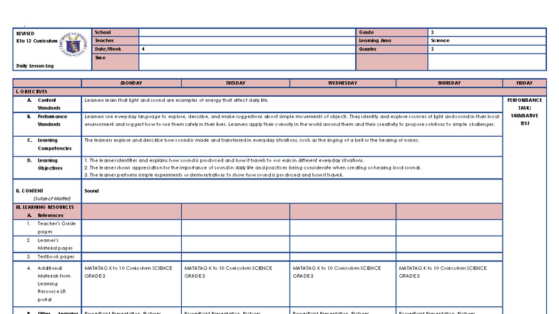 Science Grade 3 Q3 W4 Daily Lesson Log: Exploring Sound - Studocu