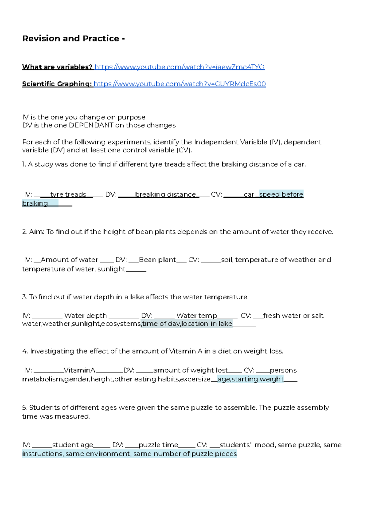 Revision and Practice: Variables in Scientific Experiments (Science ...