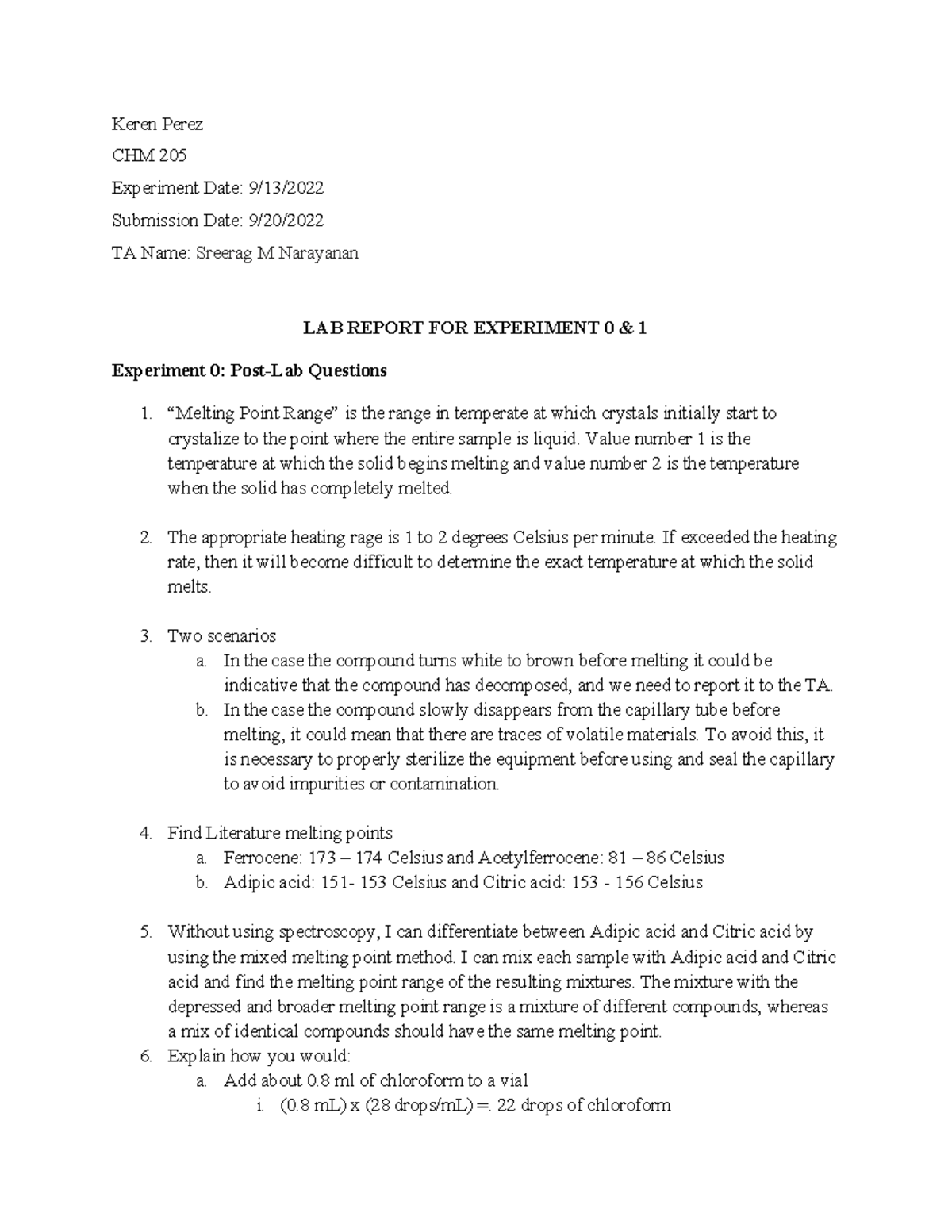 Expt 0 and 1 Report Perez - Keren Perez CHM 205 Experiment Date: 9/13 ...