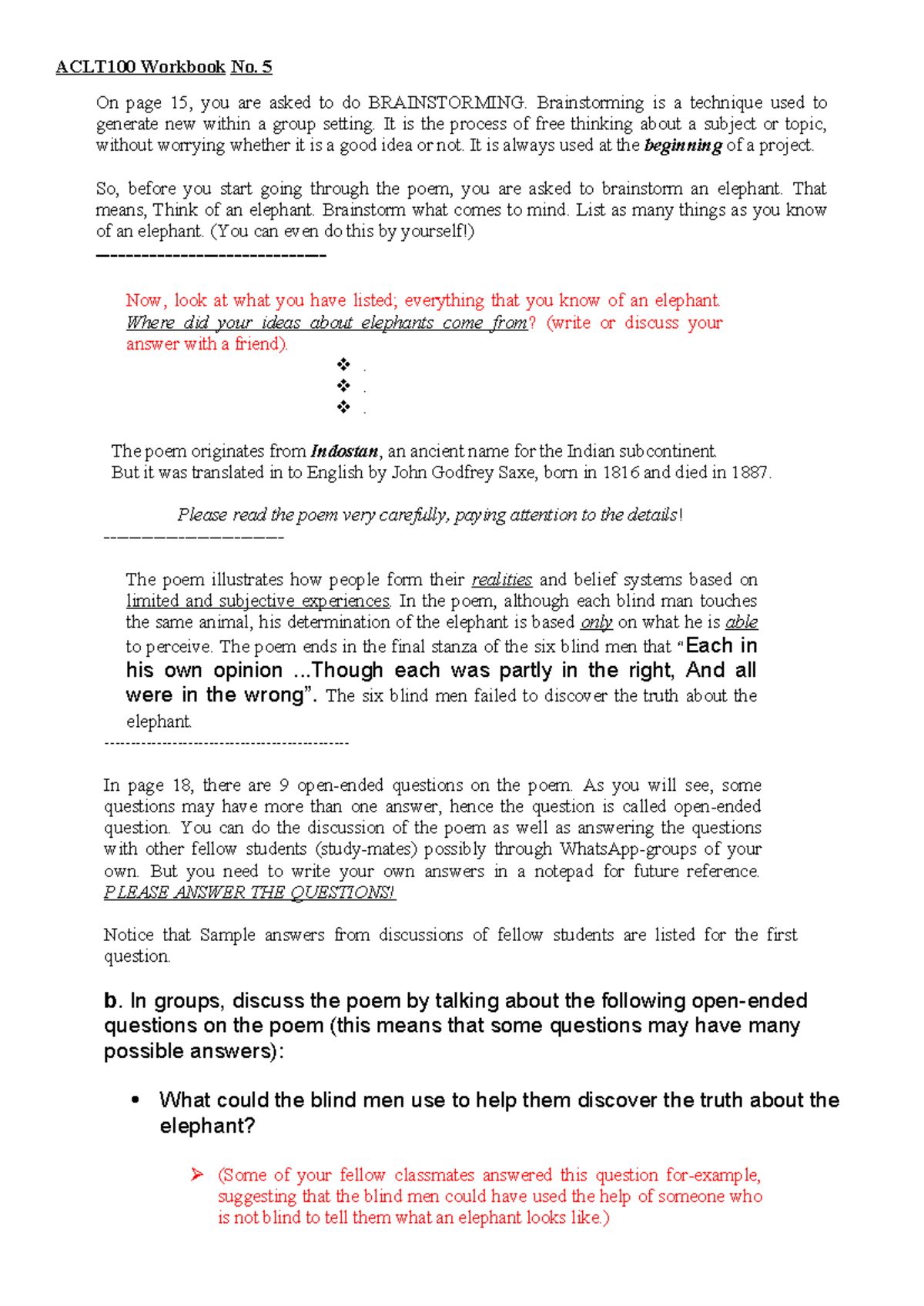ACLT100 Workbook No. 5 - Brainstorming & Poem Analysis Notes - Studocu