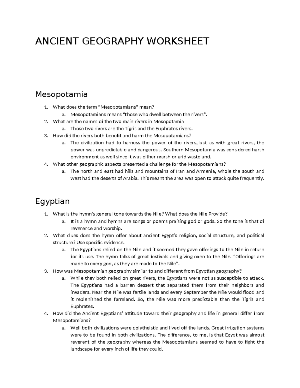 Ancient Geography Worksheet: Mesopotamia vs. Egypt Analysis - Studocu