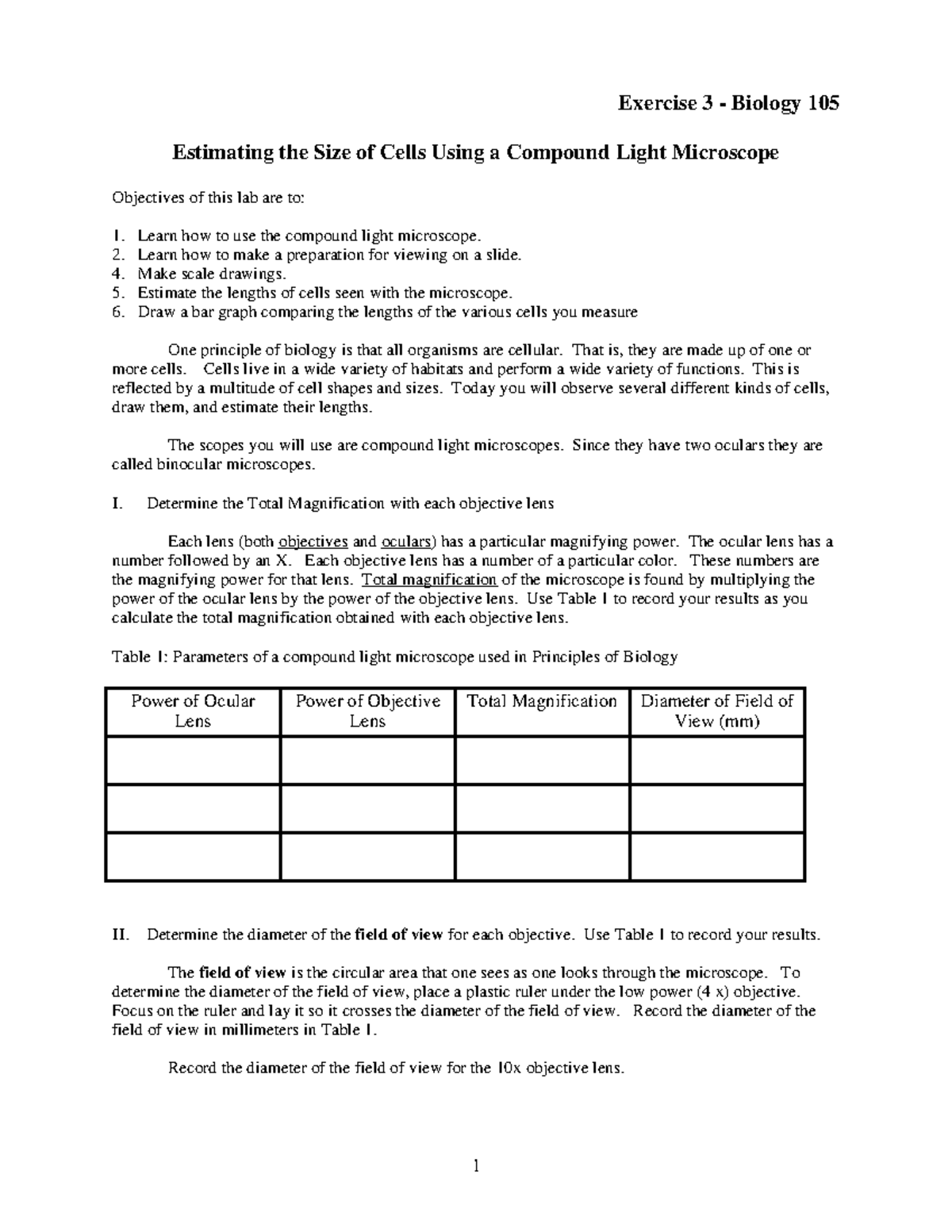 Biology 105 Lab: Estimating Cell Size with a Microscope - Studocu