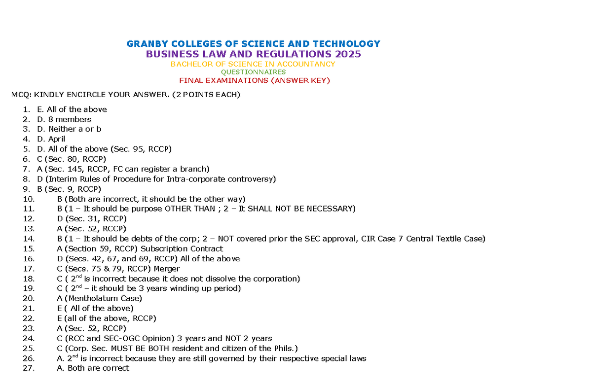 BLR 2025 Final Exam Answer Key for Business Law & Regulations - Studocu