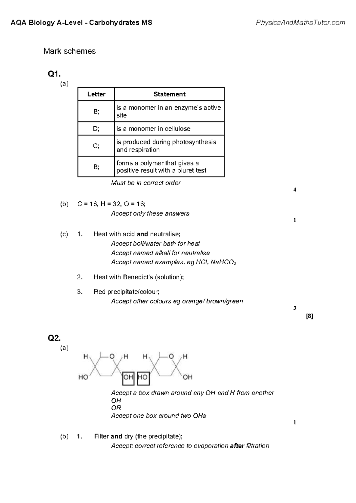 AQA Biology Carbohydrates Homework Answers - 30-10 - Studocu