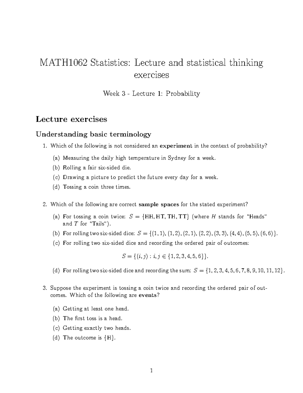 MATH1062 Statistics: Week 3 Lecture 1 - Probability Exercises - Studocu