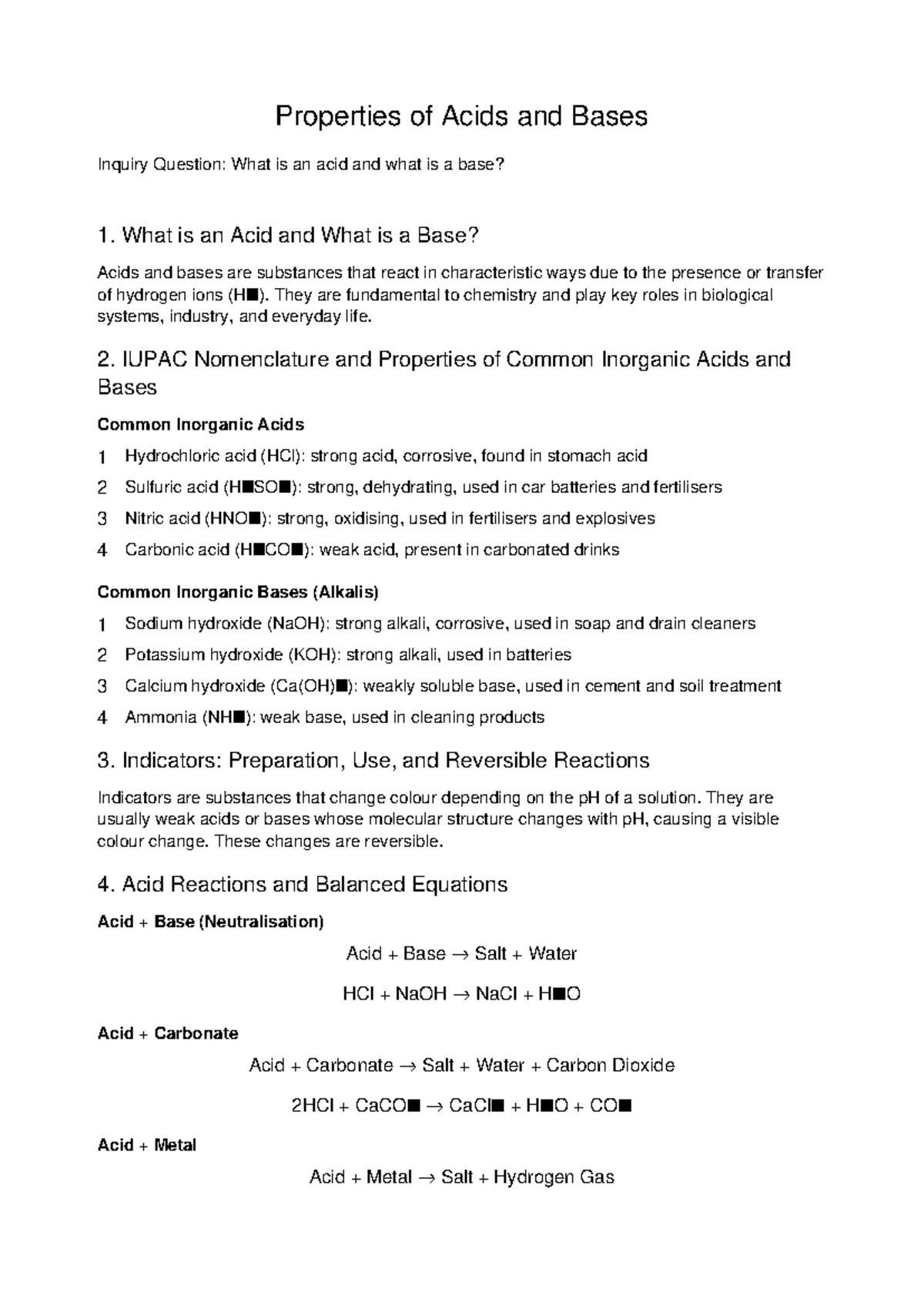 Properties of Acids and Bases: Complete Notes for Chem 101 - Studocu
