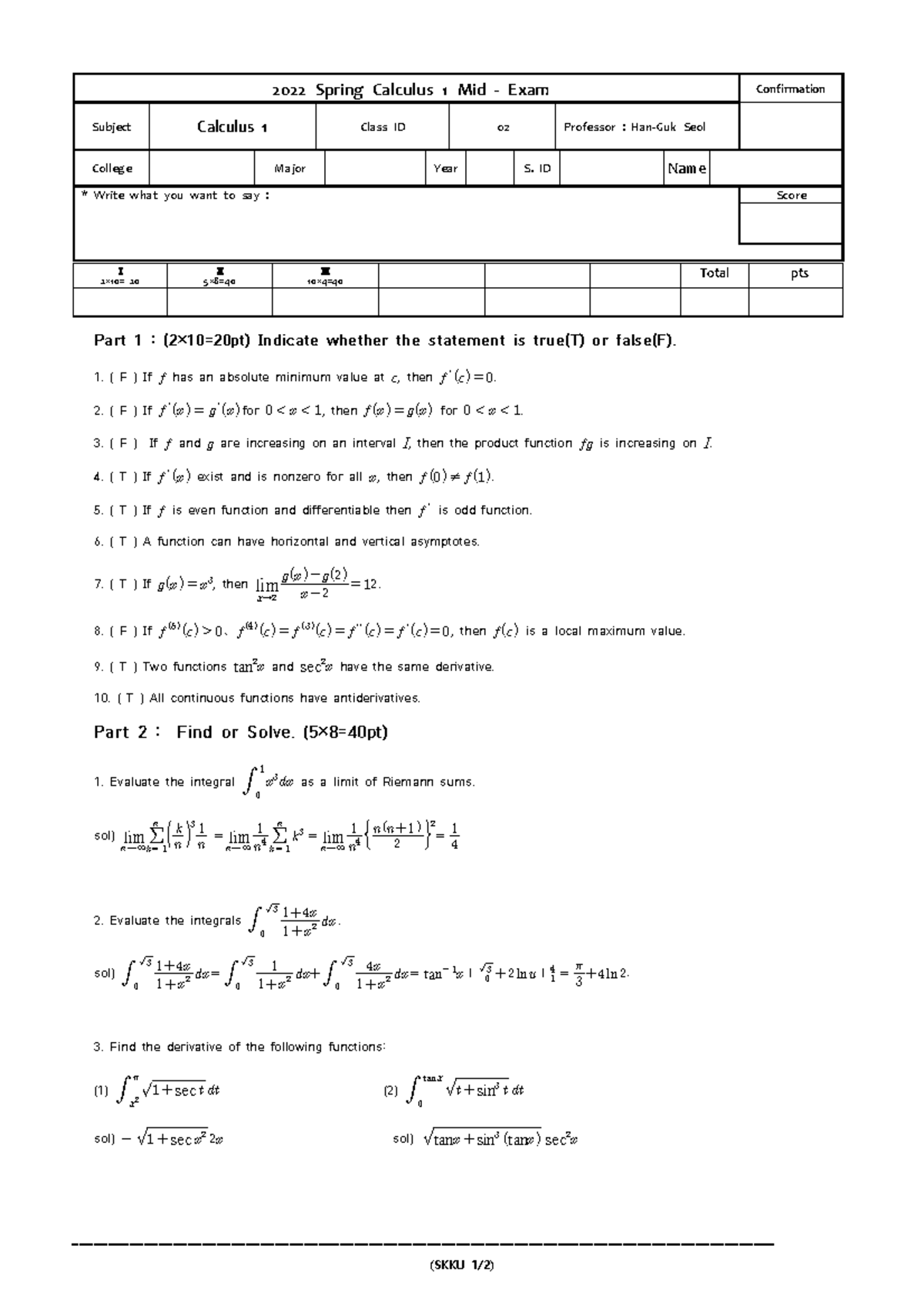 2022 Spring Calculus 1 Midterm Exam Solutions (Class ID 02) - Studocu