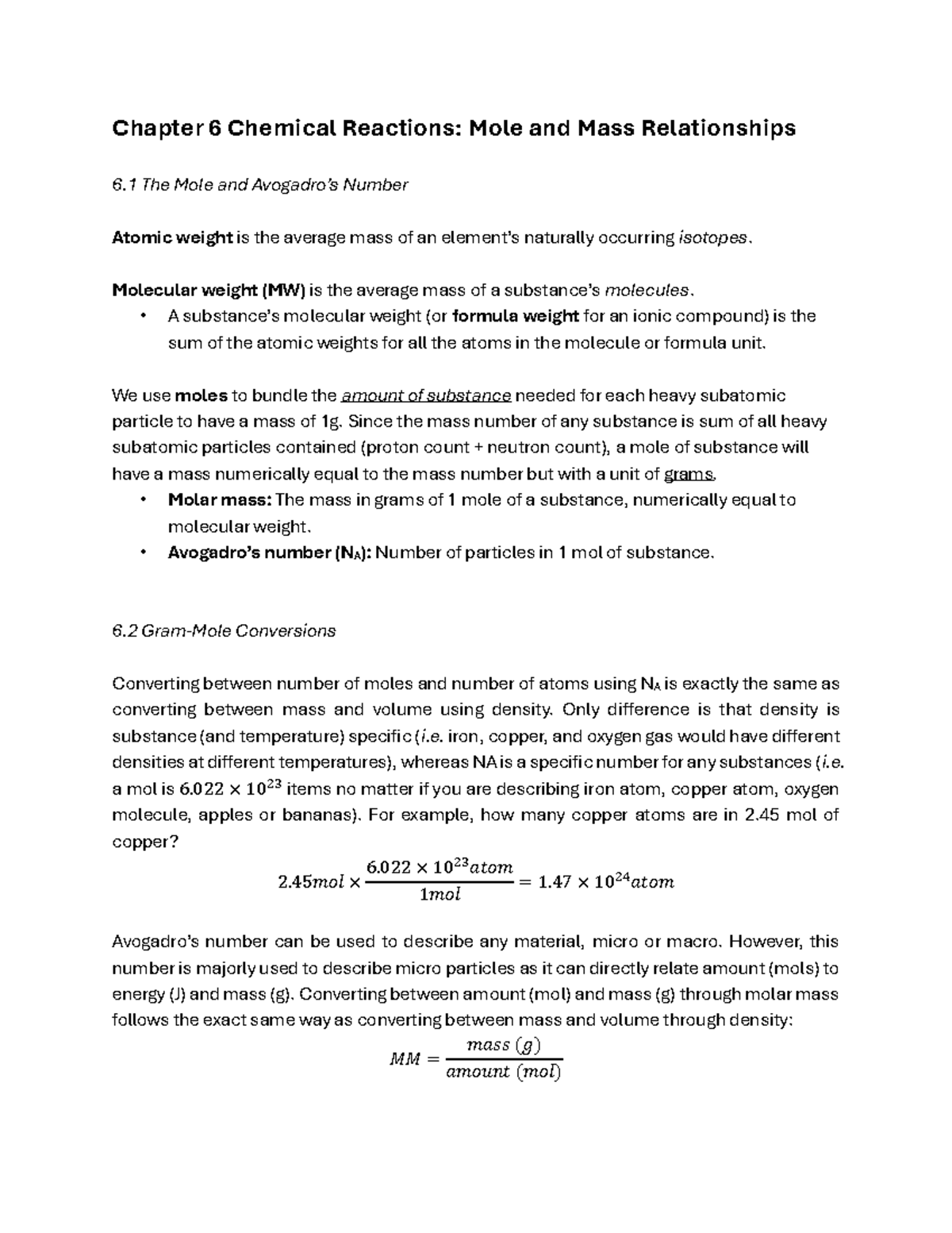 Chemistry 101: Chapter 6 Notes on Chemical Reactions and Moles - Studocu