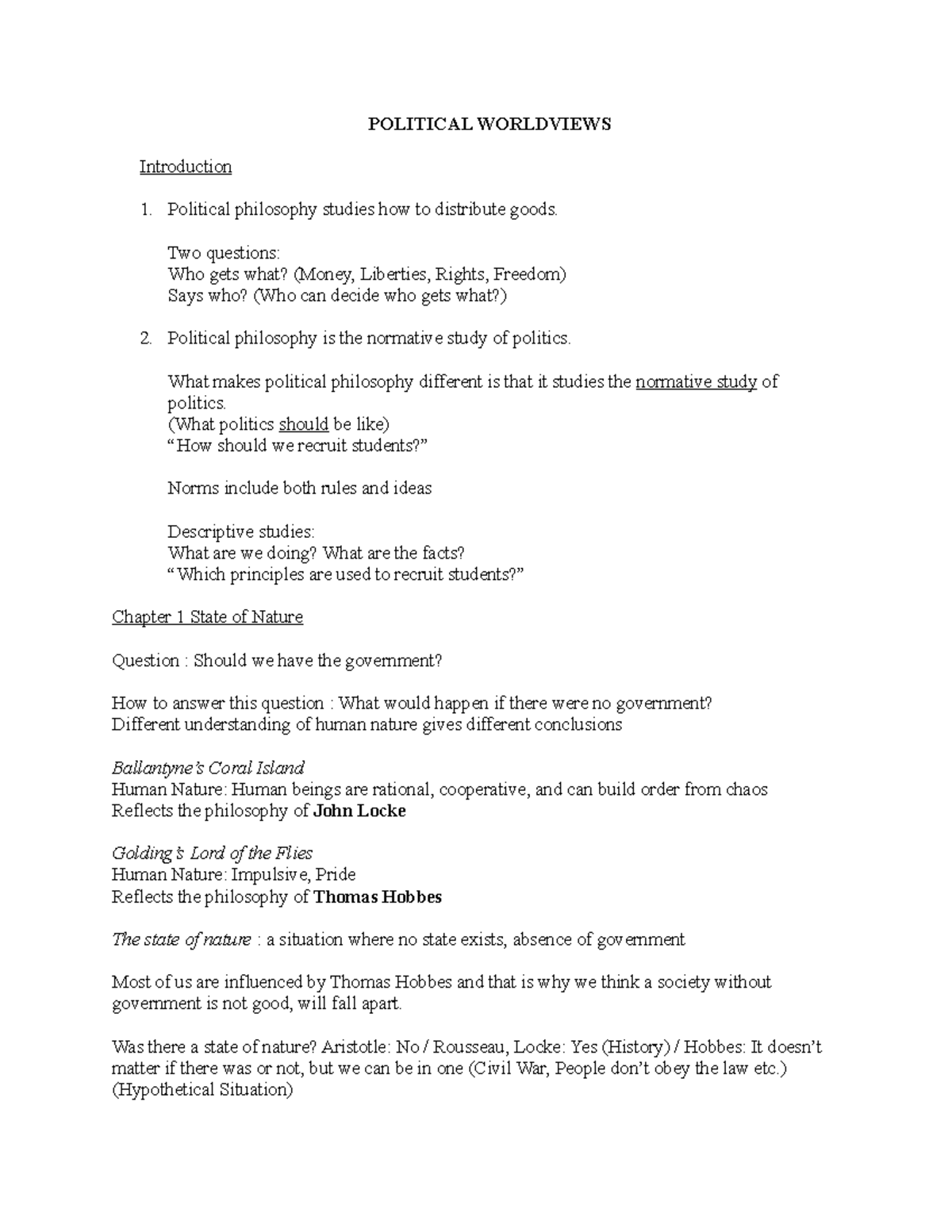 (PW) Notes - POLITICAL WORLDVIEWS Introduction Political philosophy ...