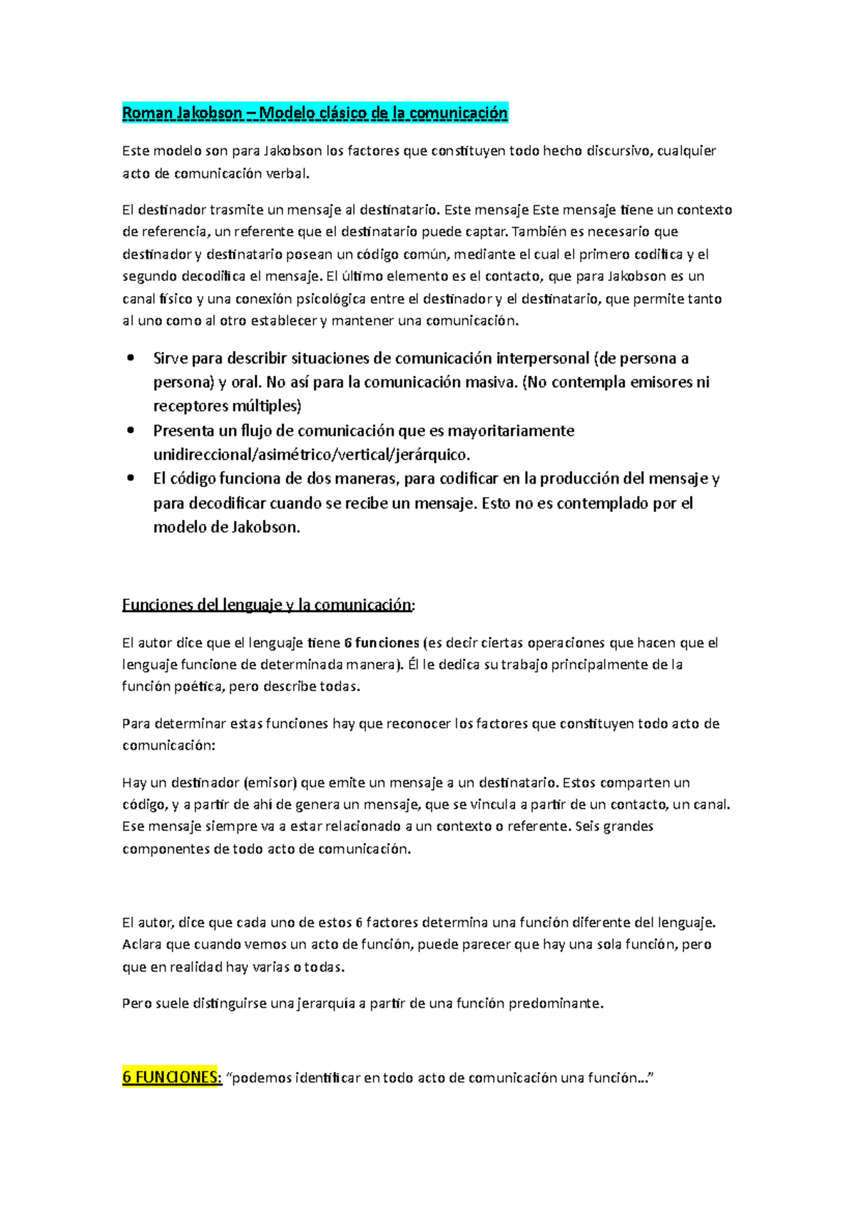 Resumen - Roman Jakobson: Modelo Clásico de Comunicación (6 Funciones ...