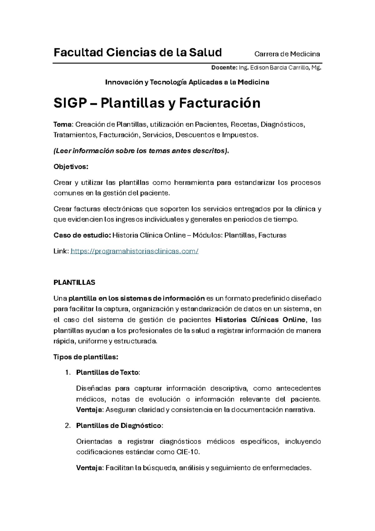 Clase 5 - SIGP - Plantillas y Facturación en Medicina - IT - Studocu