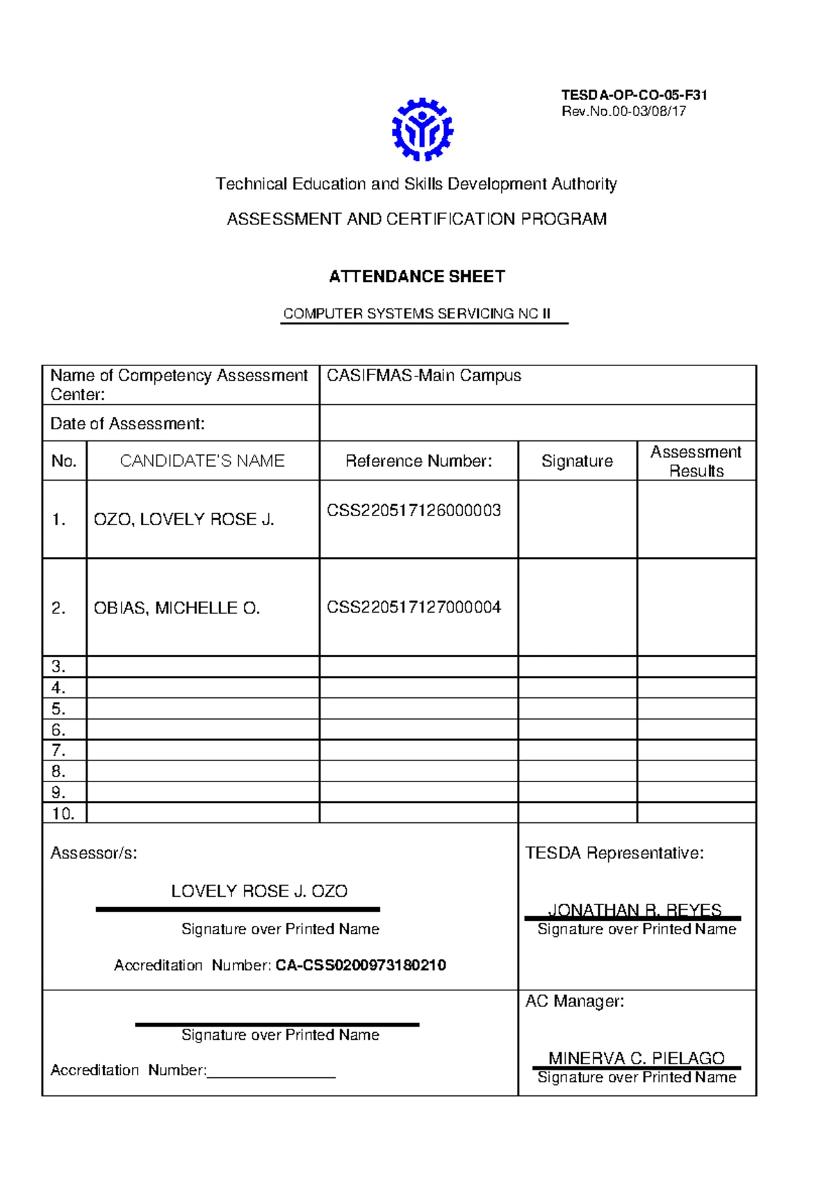 Sample Rating Sheets 2 in Conducting Competency Assessment - TESDA-OP ...
