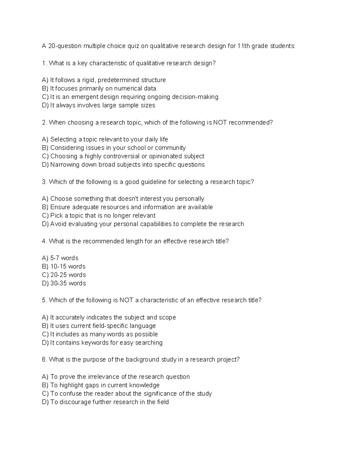 11th Grade Quiz: Qualitative Research Design Multiple Choice - Studocu