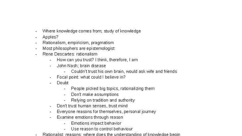 Epistemology Notes: Rationalism, Empiricism, and Pragmatism - Studocu