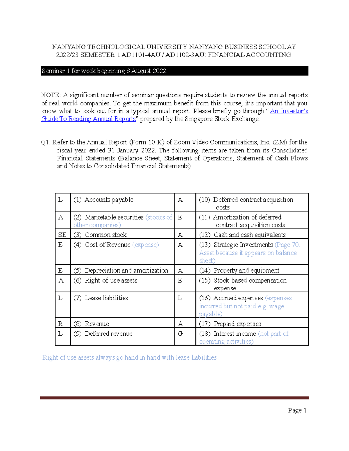 Tutorial 1 - NANYANG TECHNOLOGICAL UNIVERSITY NANYANG BUSINESS SCHOOL ...