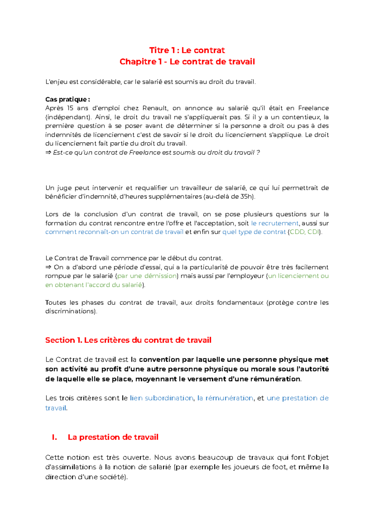 CM RIT n°2 : Chapitre 1 - Le Contrat de Travail et ses Critères - Studocu
