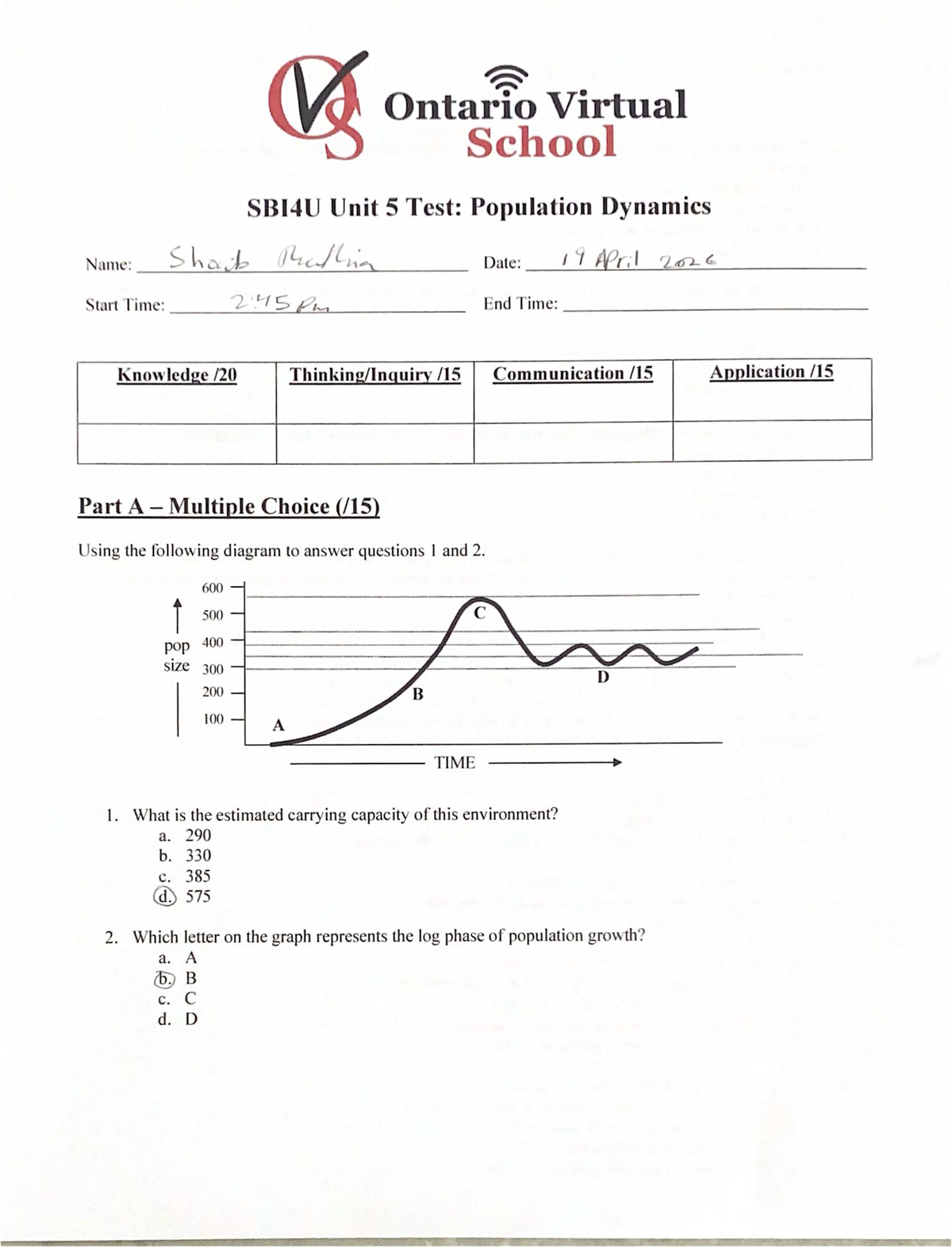 SBI4U Unit 5 Test: Population Dynamics and Density Analysis - Studocu