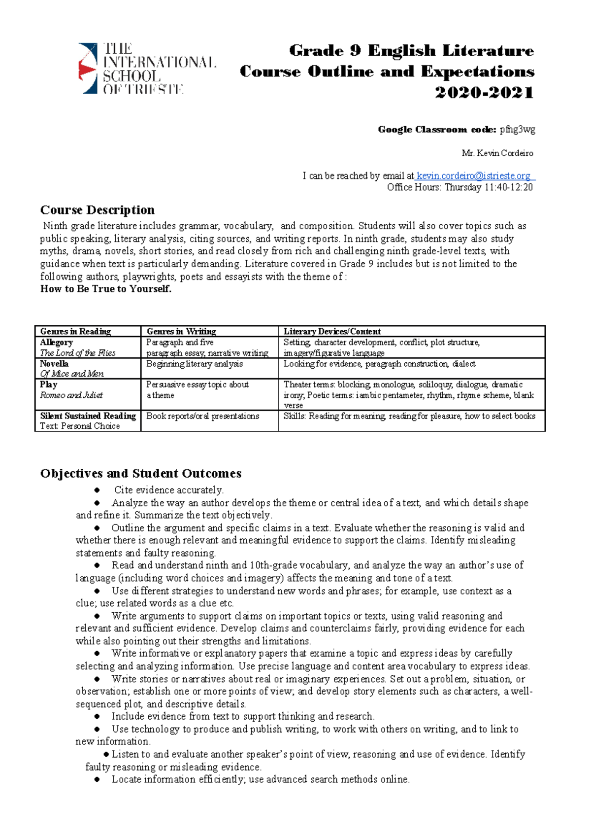 Grade 9 English Literature Course Outline & Expectations (IST 2020 ...