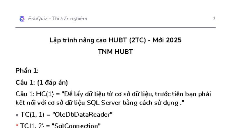 EduQuiz Thi trắc nghiệm 1 Lập trình nâng cao HUBT (2TC) 2025 - Studocu